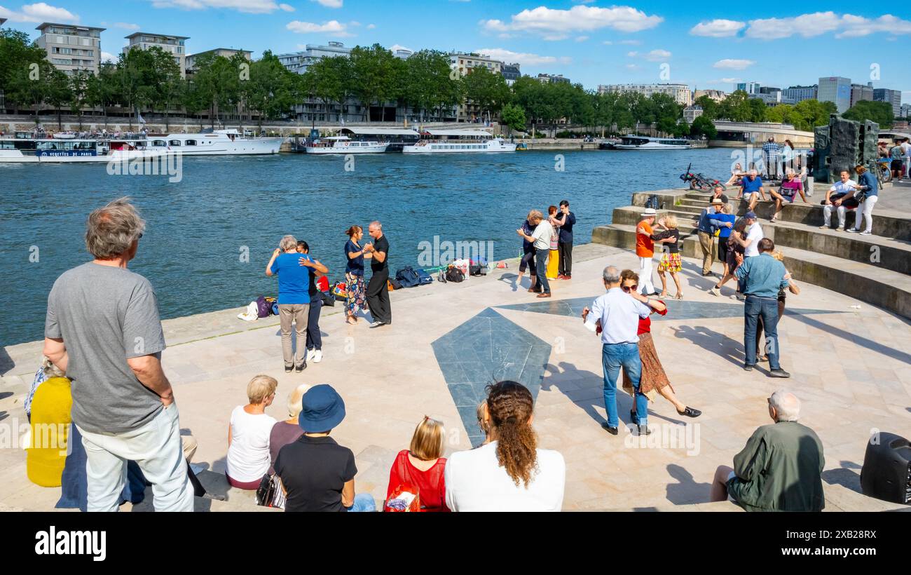 Paris, France, French people dancing by the seine river, Editorial only ...
