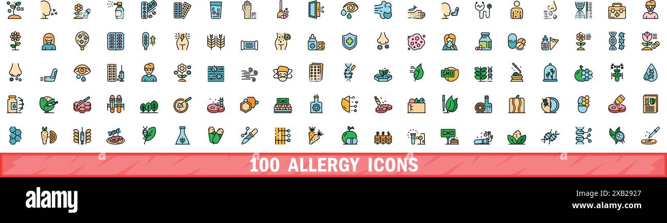 100 allergy icons set. Color line set of allergy vector icons thin line ...