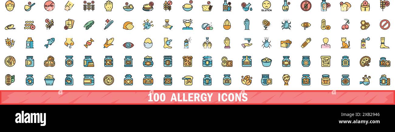 100 allergy icons set. Color line set of allergy vector icons thin line ...
