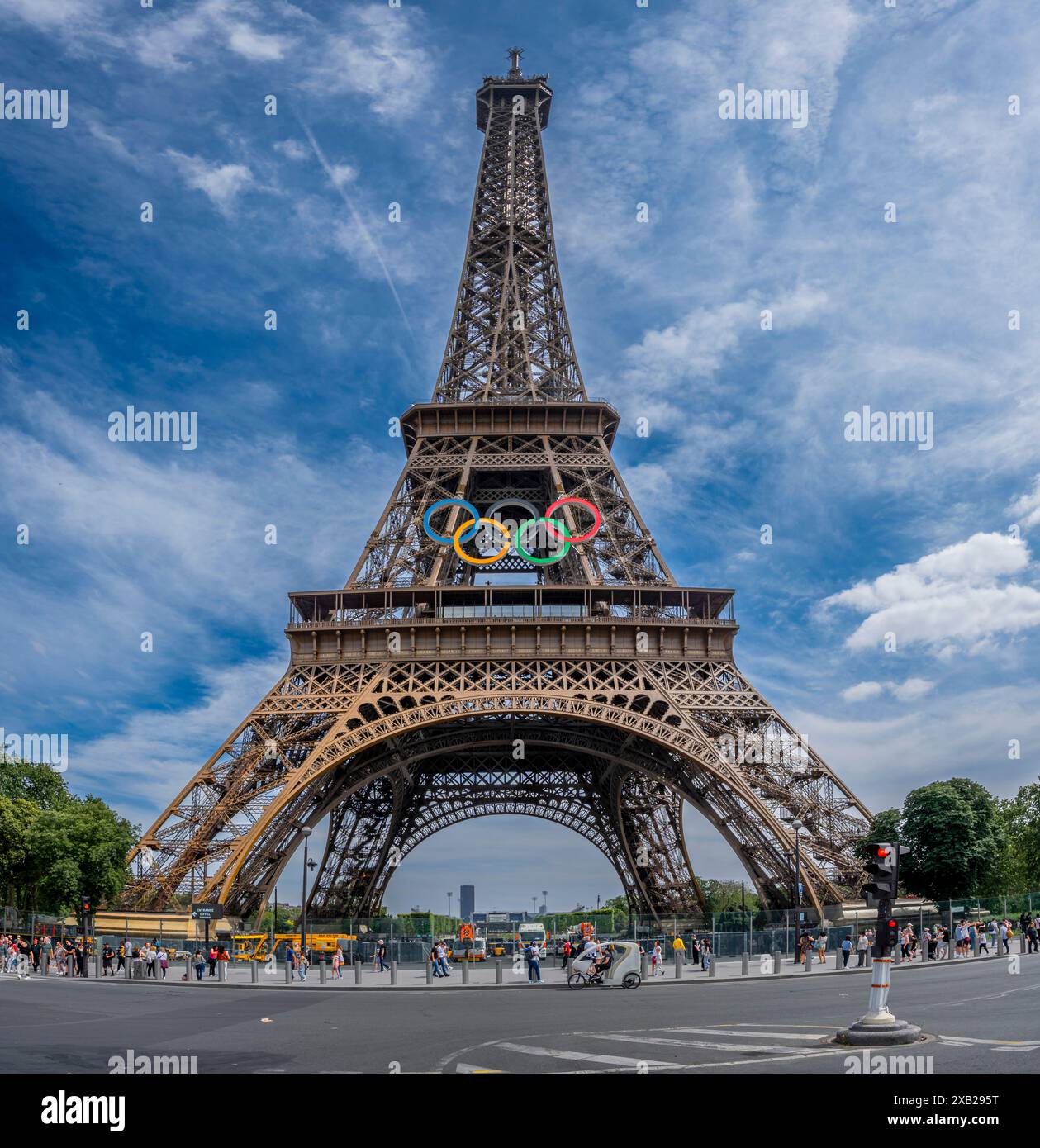 Paris, France - 08 06 2026: View of the Eiffel Tower with the the rings ...