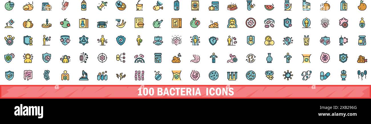 100 bacteria icons set. Color line set of bacteria vector icons thin ...