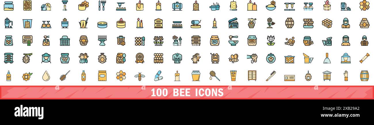100 bee icons set. Color line set of bee vector icons thin line color ...