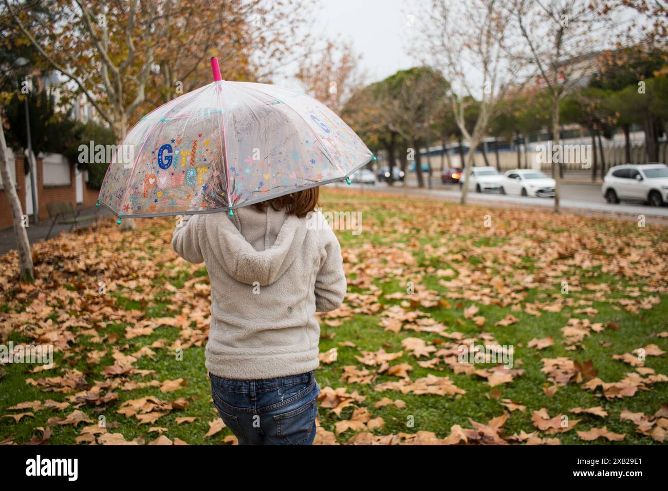 girl with umbrella walking at the rain in city autumn park, back view ...