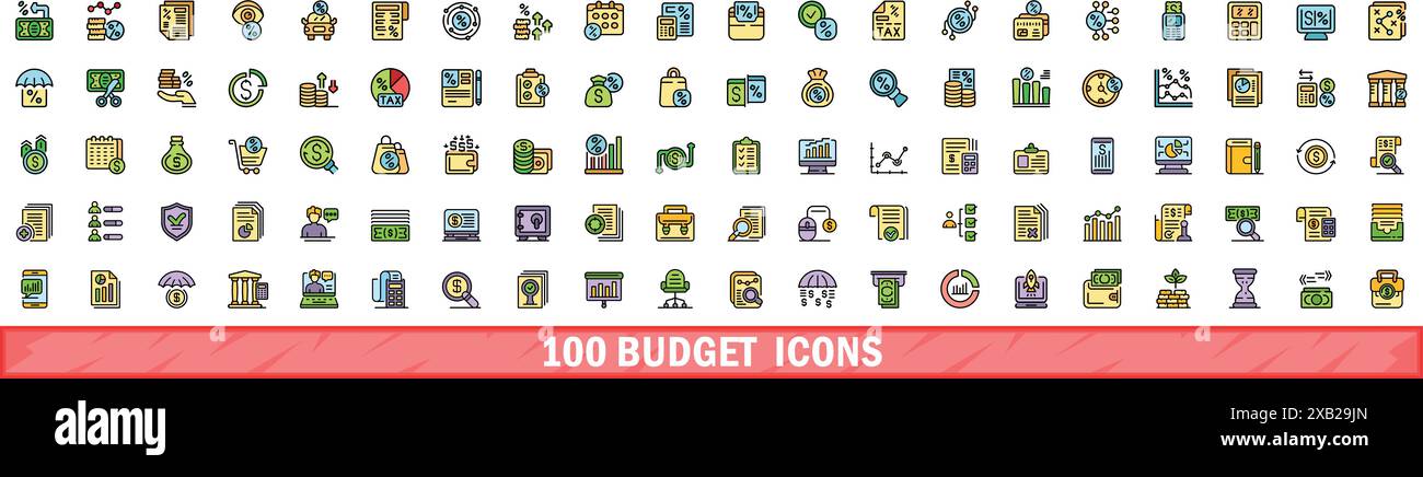100 budget icons set. Color line set of budget vector icons thin line ...