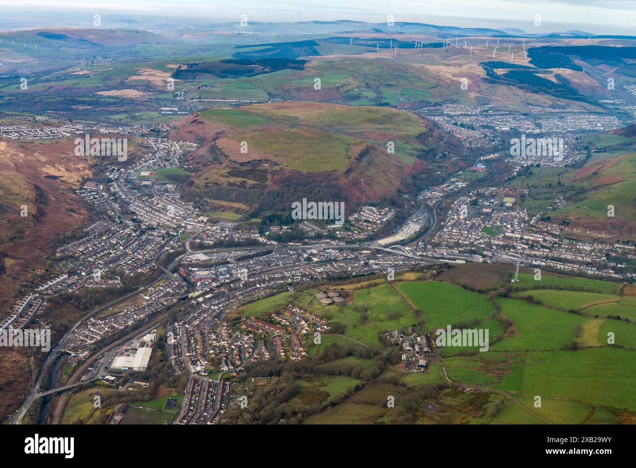 Aerial photography over South Wales. Porth town centre in the Rhondda ...