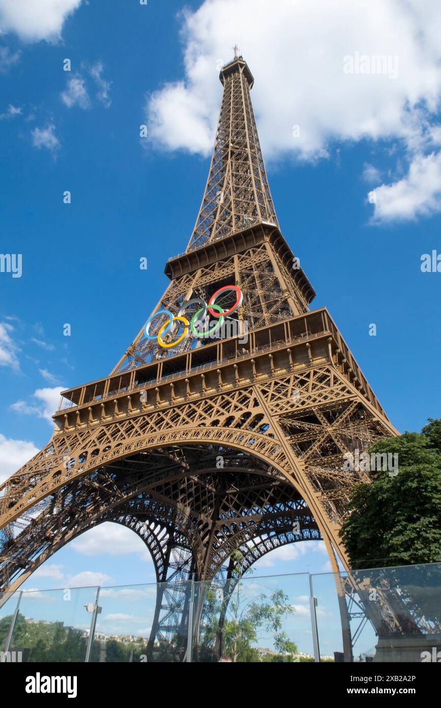 Paris Summer Olympics 2024 the Eiffel Tower with the Olympic rings ...