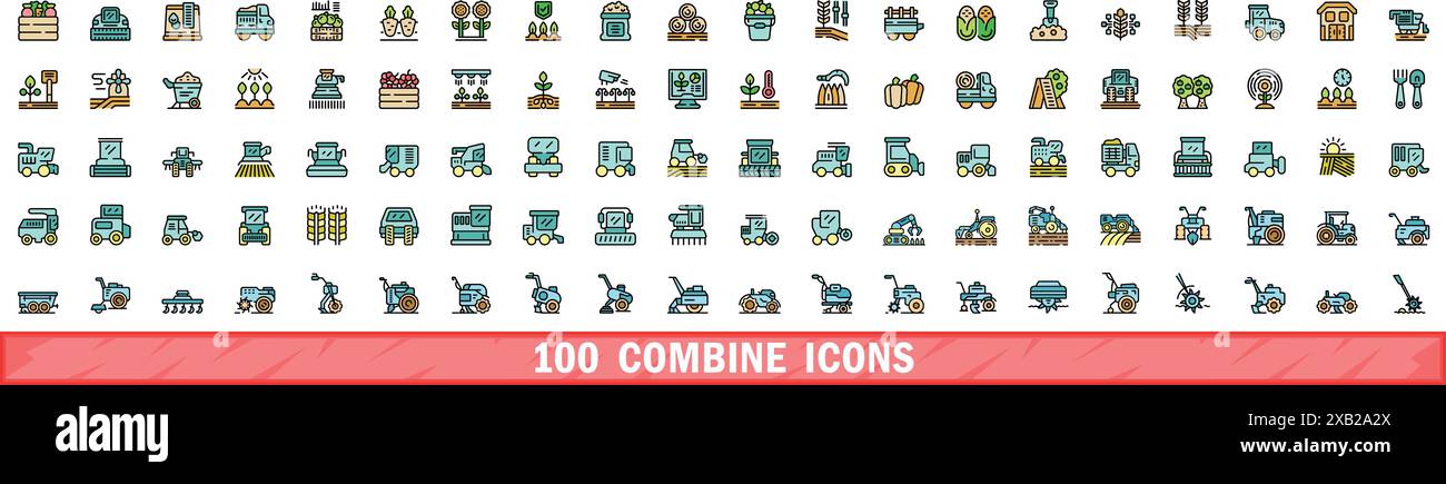 100 combine icons set. Color line set of combine vector icons thin line ...