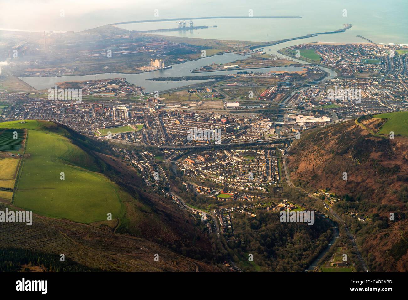 Aerial photography over South Wales. Port Talbot town centre and M4 ...