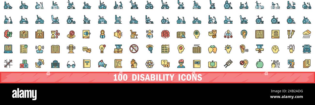 100 disability icons set. Color line set of disability vector icons ...