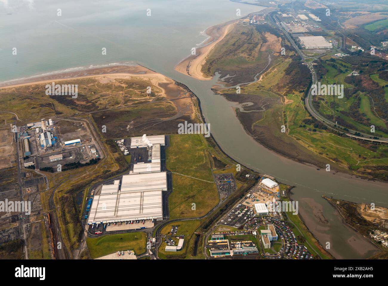 Aerial photography over South Wales. Baglan power station and The River ...