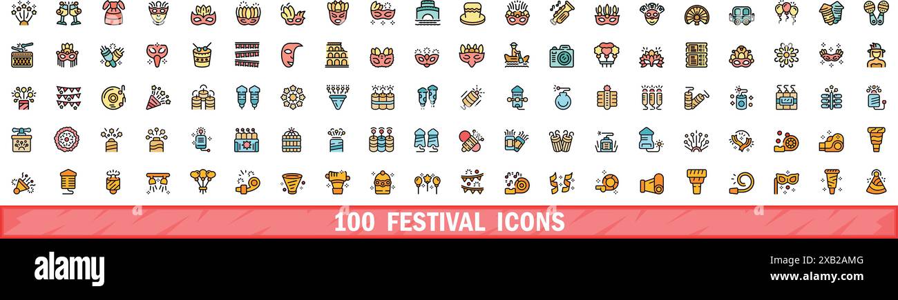 100 festival icons set. Color line set of festival vector icons thin ...