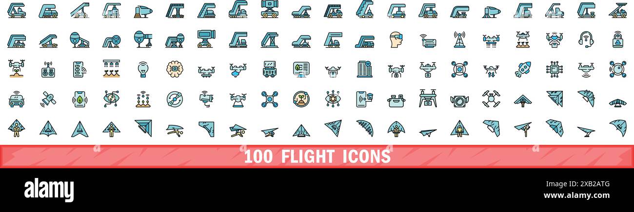 100 flight icons set. Color line set of flight vector icons thin line ...