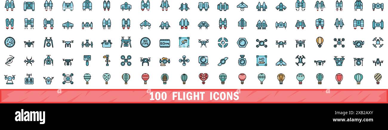 100 flight icons set. Color line set of flight vector icons thin line ...