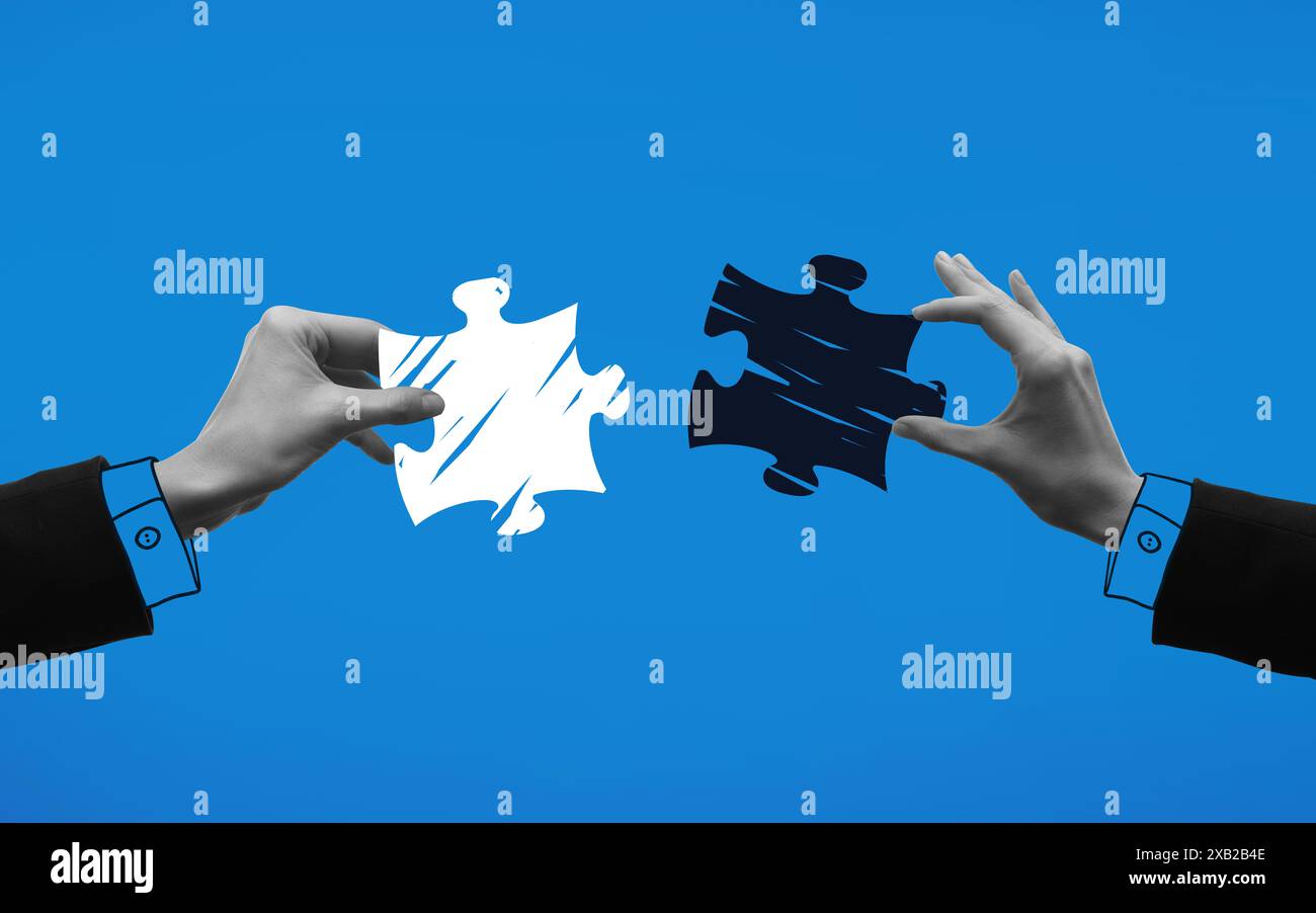 Contemporary art collage. Hands holding puzzle pieces and trying to ...