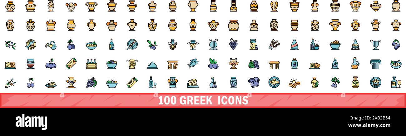 100 greek icons set. Color line set of greek vector icons thin line ...