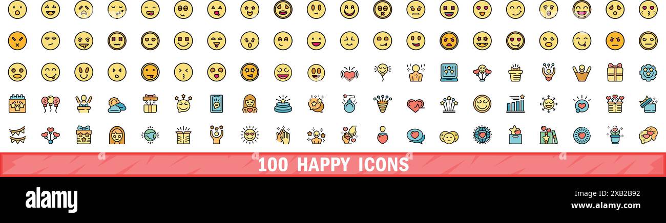 100 happy icons set. Color line set of happy vector icons thin line ...