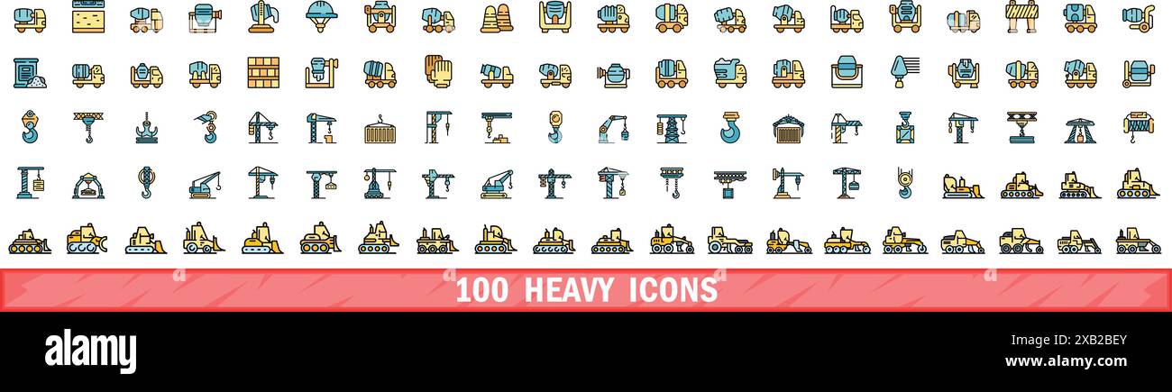 100 heavy icons set. Color line set of heavy vector icons thin line ...
