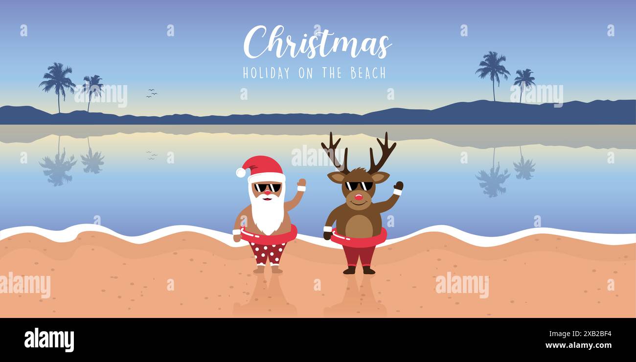 cute santa and deer with sunglasses on paradise beach summer christmas ...