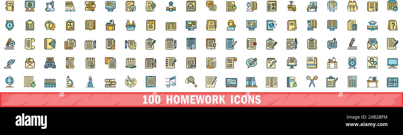 100 homework icons set. Color line set of homework vector icons thin ...