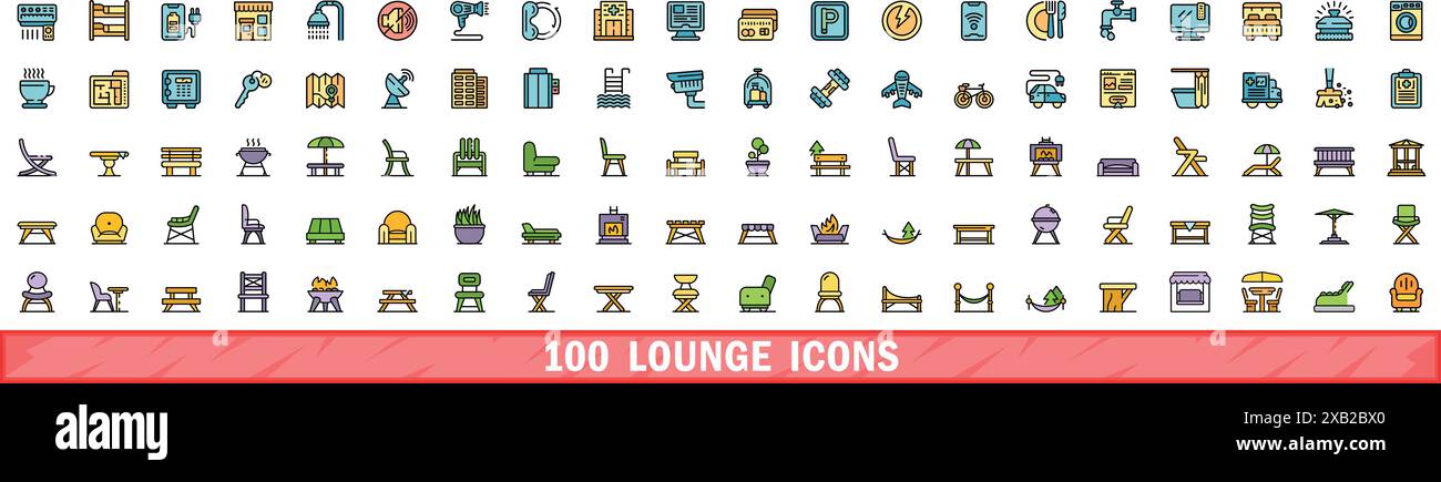100 lounge icons set. Color line set of lounge vector icons thin line ...