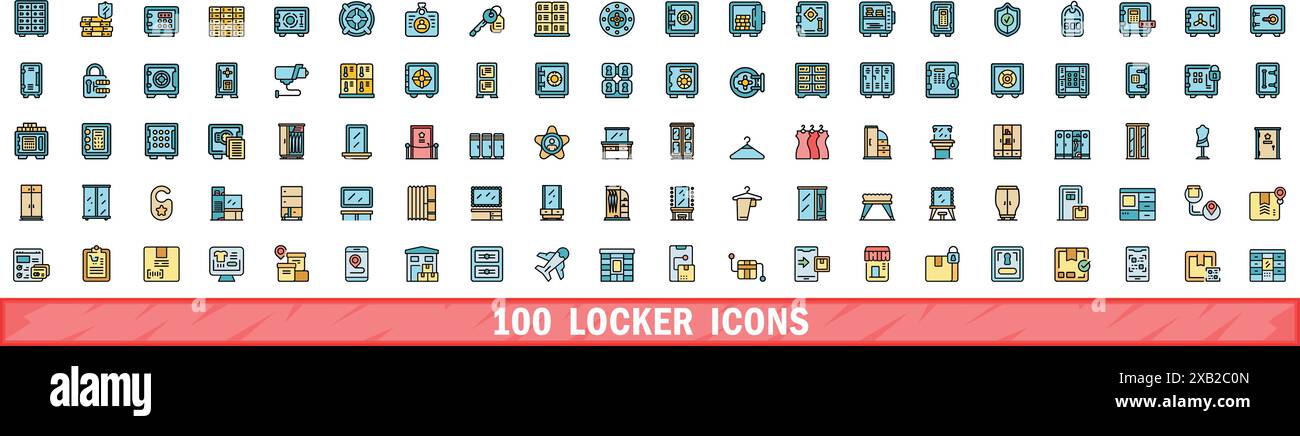 100 locker icons set. Color line set of locker vector icons thin line ...