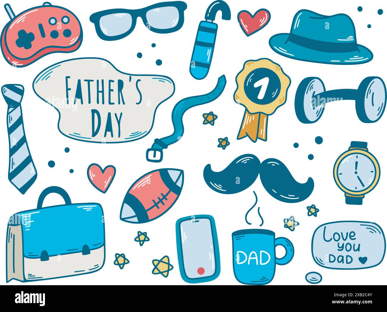 Father's Day card with hand drawn attributes. Cute colored simple ...