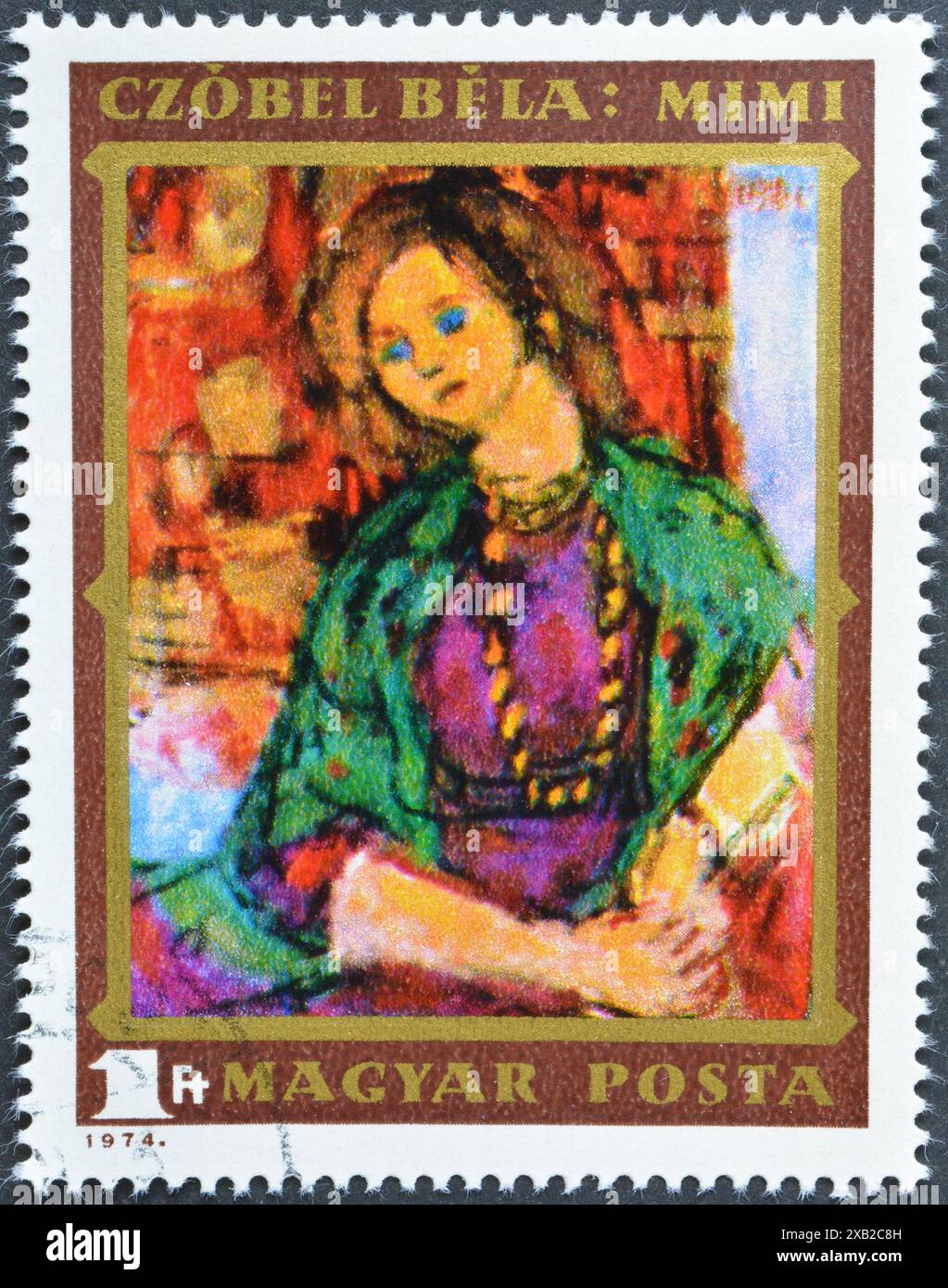 Cancelled postage stamp printed by Hungary, that shows painting Mimi by ...
