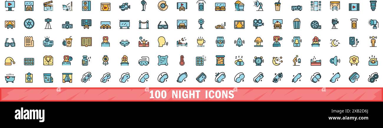 100 night icons set. Color line set of night vector icons thin line ...