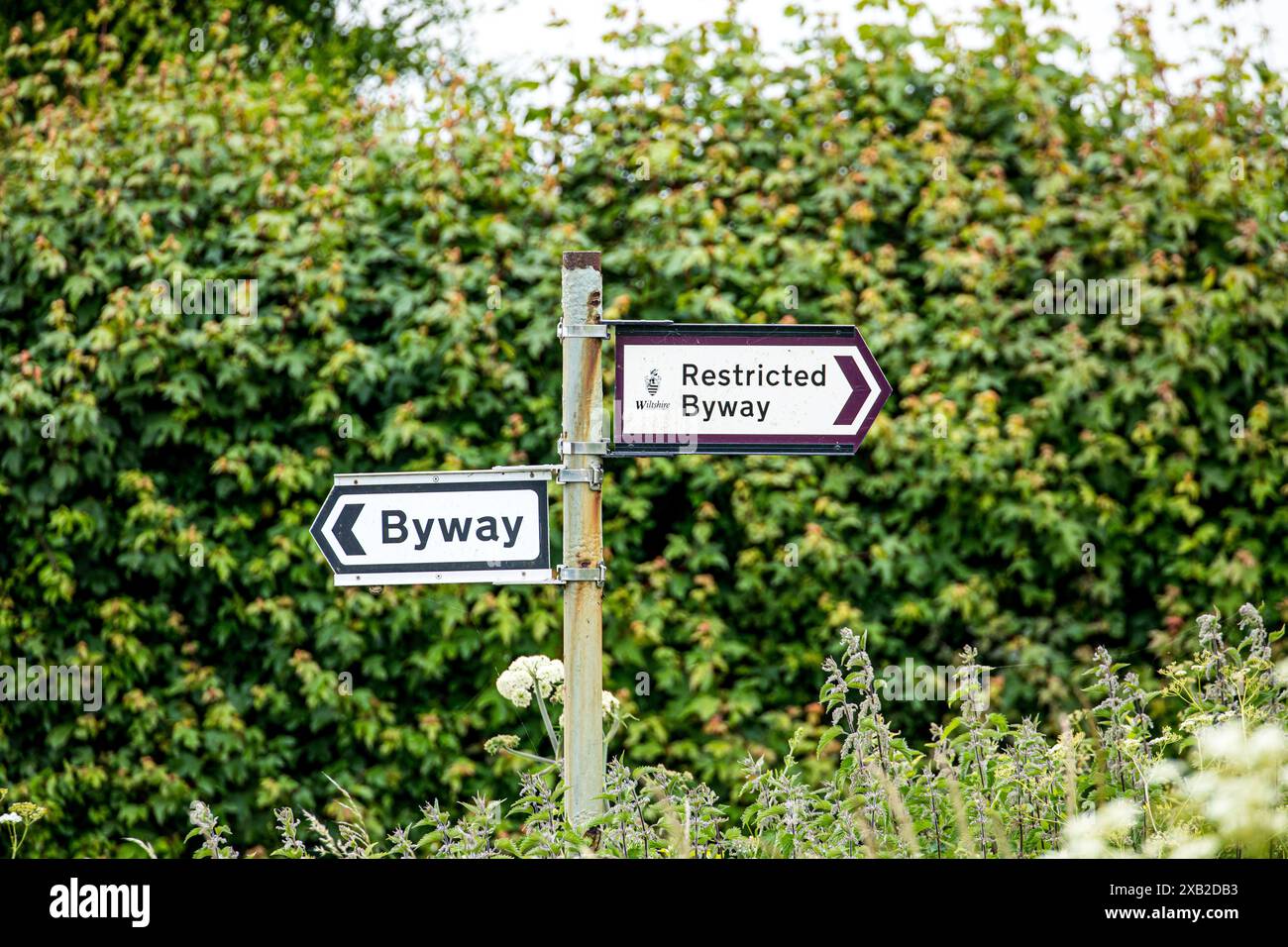 Directional Byway and Restricted Byway signage on a rusty metal post in ...