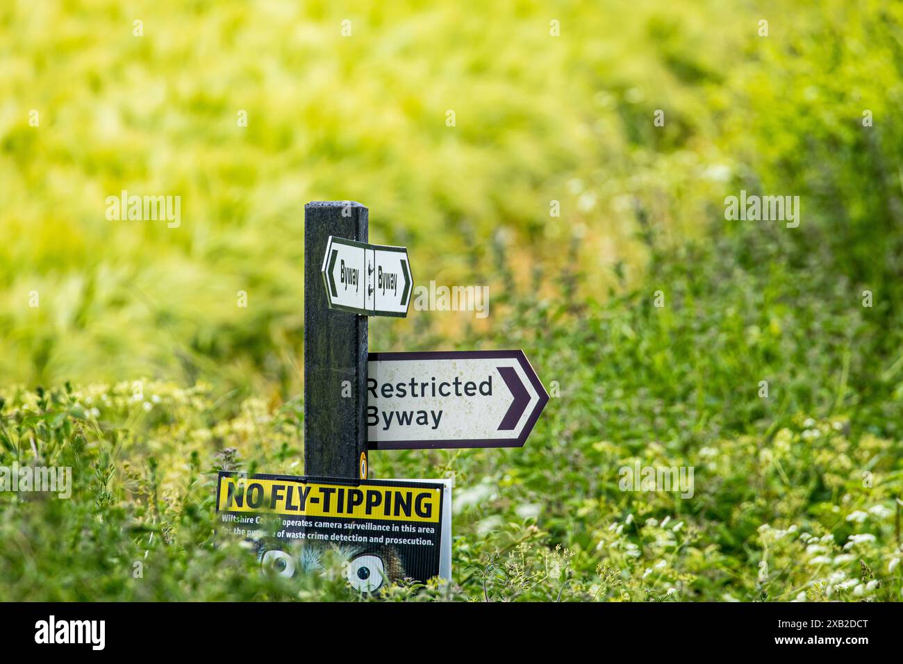 Directional Byway, Restricted Byway and No Fly Tipping signage on a ...