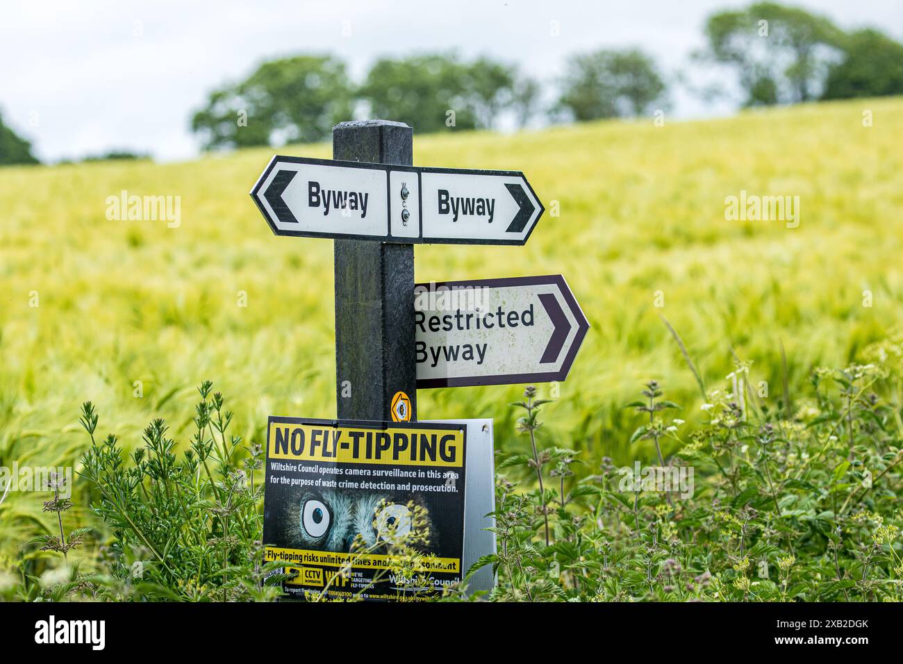 Directional Byway, Restricted Byway and No Fly Tipping signage on a ...