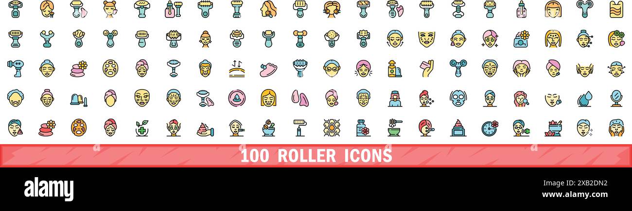 100 roller icons set. Color line set of roller vector icons thin line ...