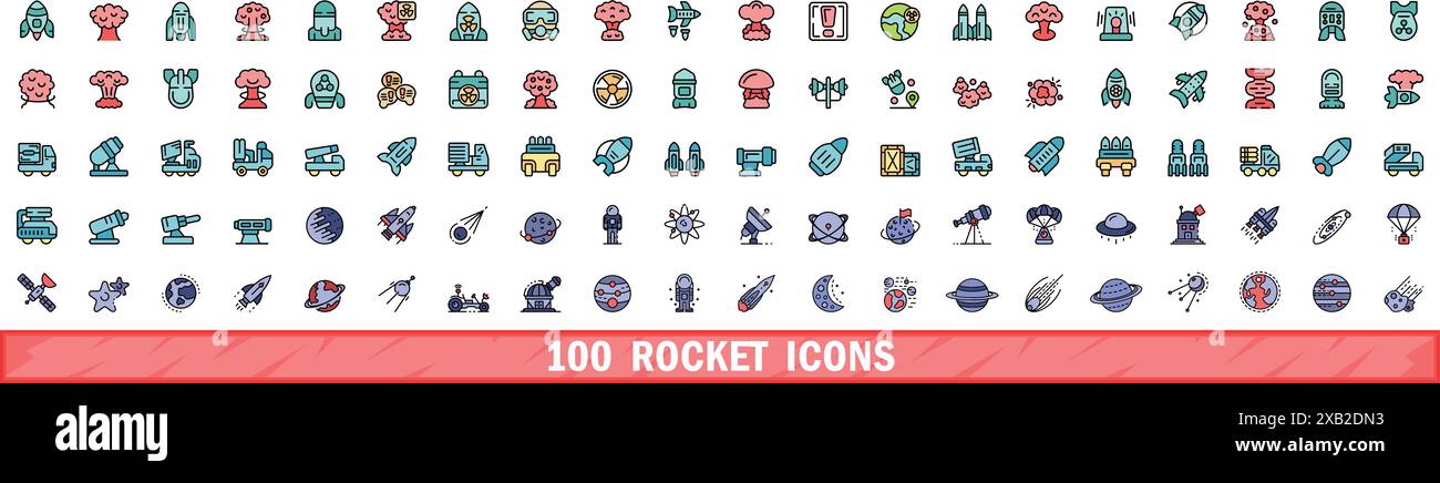 100 rocket icons set. Color line set of rocket vector icons thin line ...