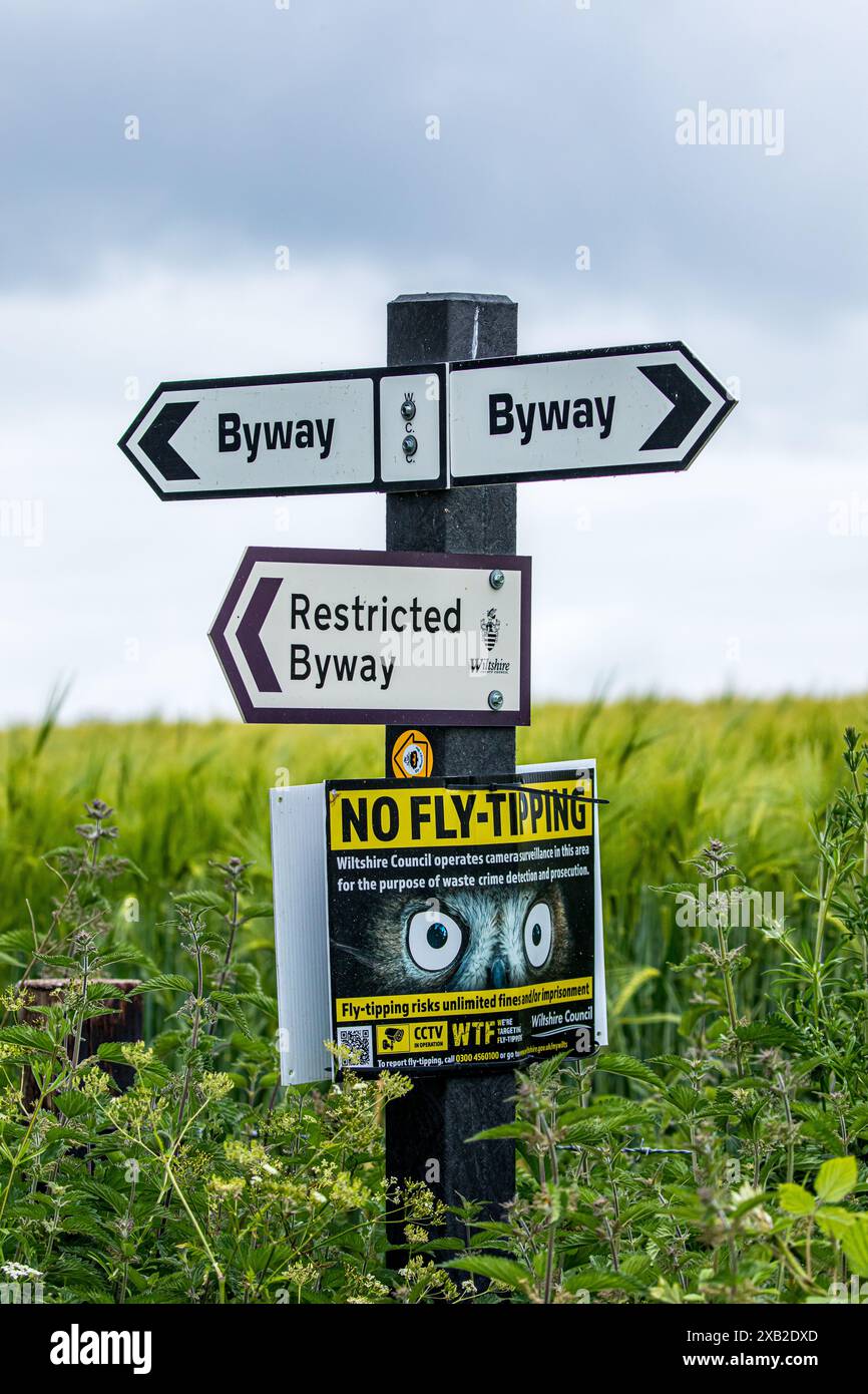 Directional Byway, Restricted Byway and No Fly Tipping signage on a ...