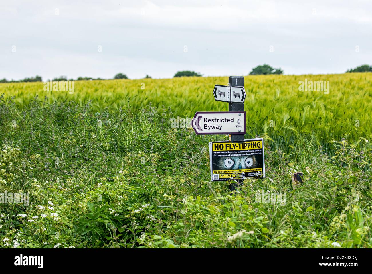 Directional Byway, Restricted Byway and No Fly Tipping signage on a ...