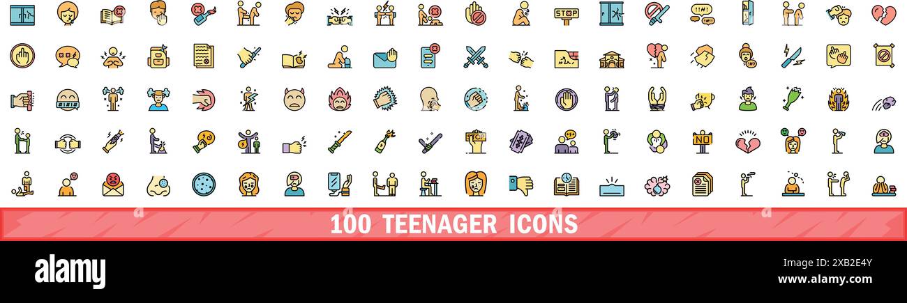 100 teenager icons set. Color line set of teenager vector icons thin ...