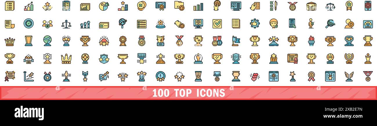 100 top icons set. Color line set of top vector icons thin line color ...