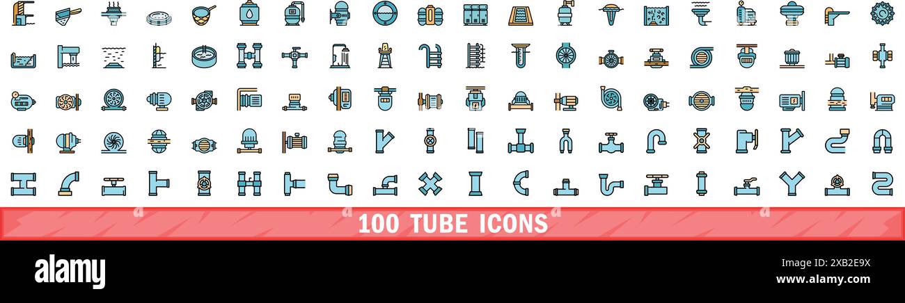 100 tube icons set. Color line set of tube vector icons thin line color ...
