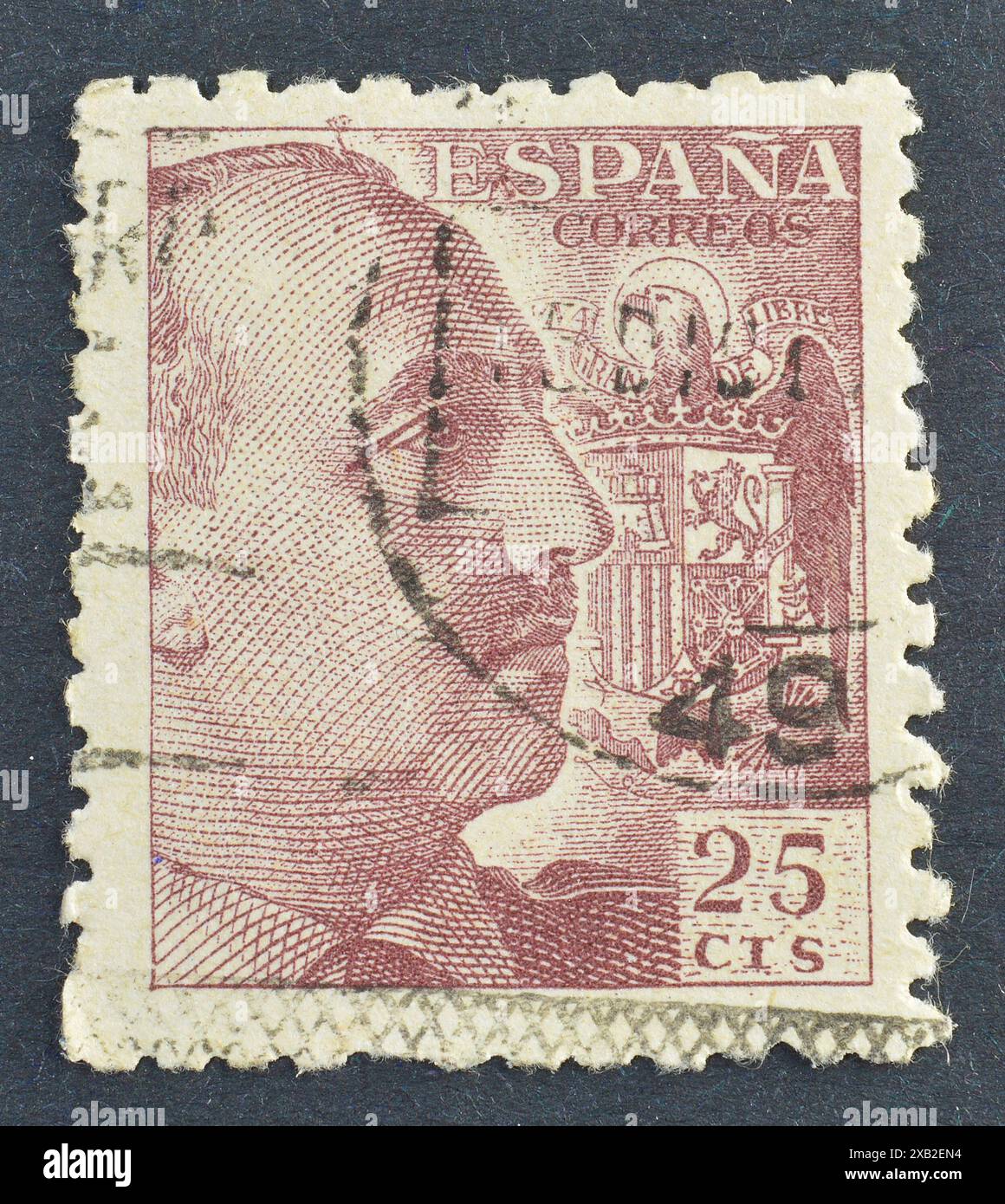 Cancelled postage stamp printed by Spain, that shows General Franco ...