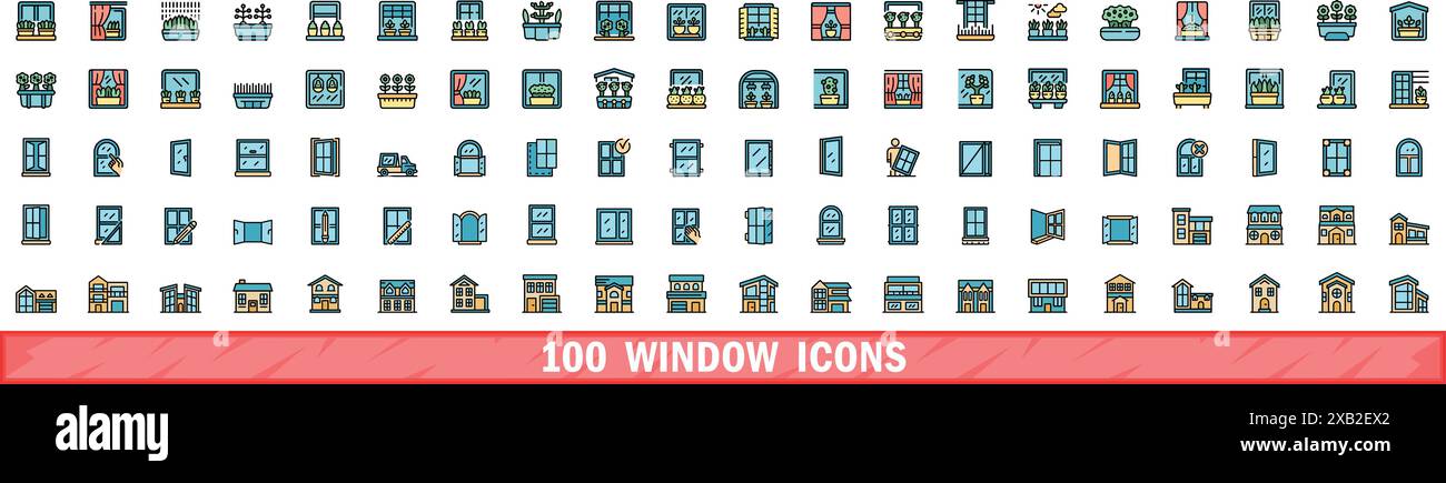100 window icons set. Color line set of window vector icons thin line ...