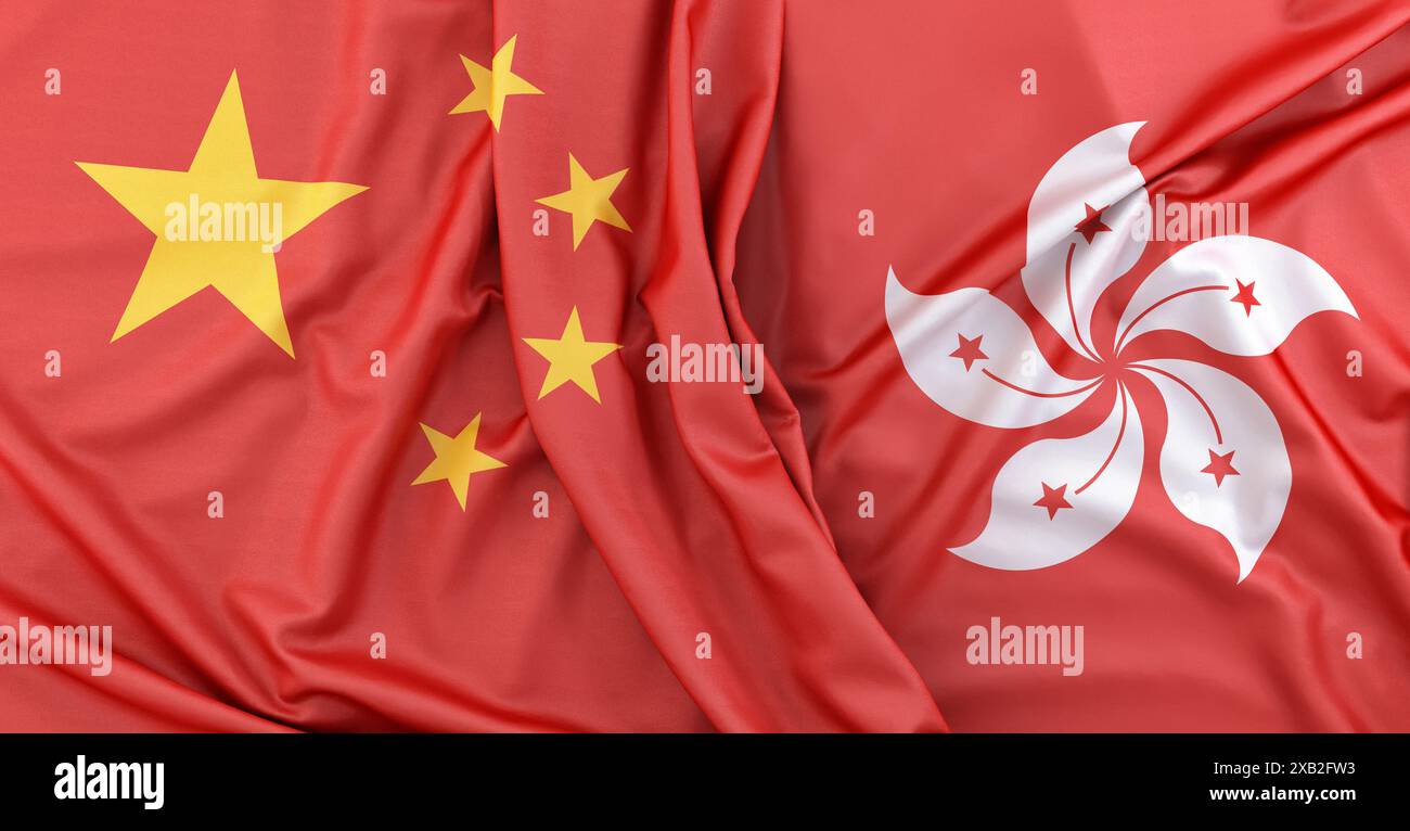 Silky flags of hong kong and china blending together Stock Photo - Alamy