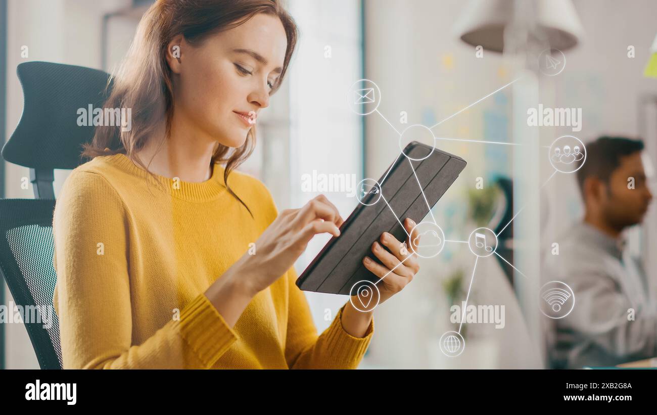 Virtual Connection Visualization Concept: Happy Young Woman Uses ...