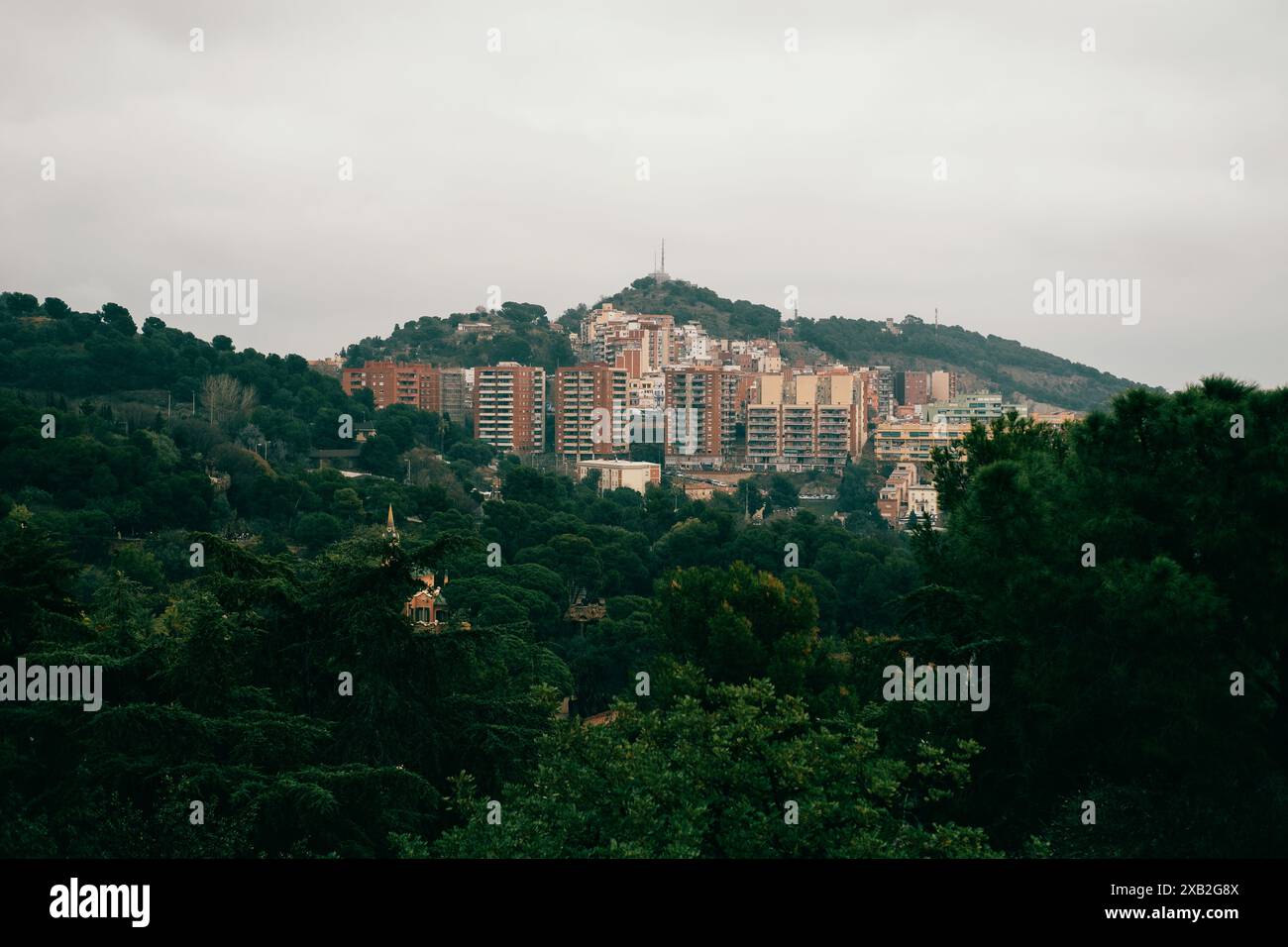 A picturesque cityscape with buildings, greenery, and a mountain in the ...
