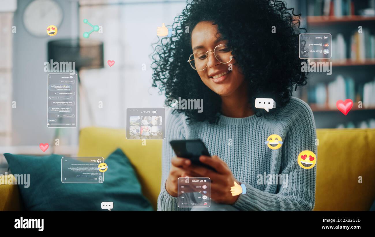 Social Media Visualization Concept: Happy Black Woman Uses Smartphone ...