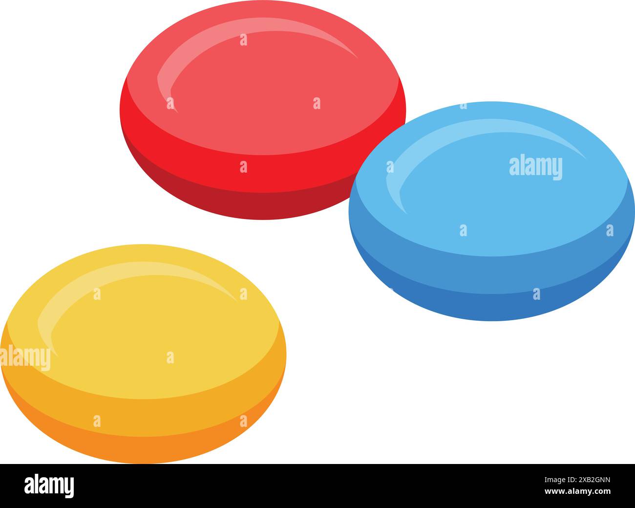 Three colorful glossy buttons are lying near each other on white ...