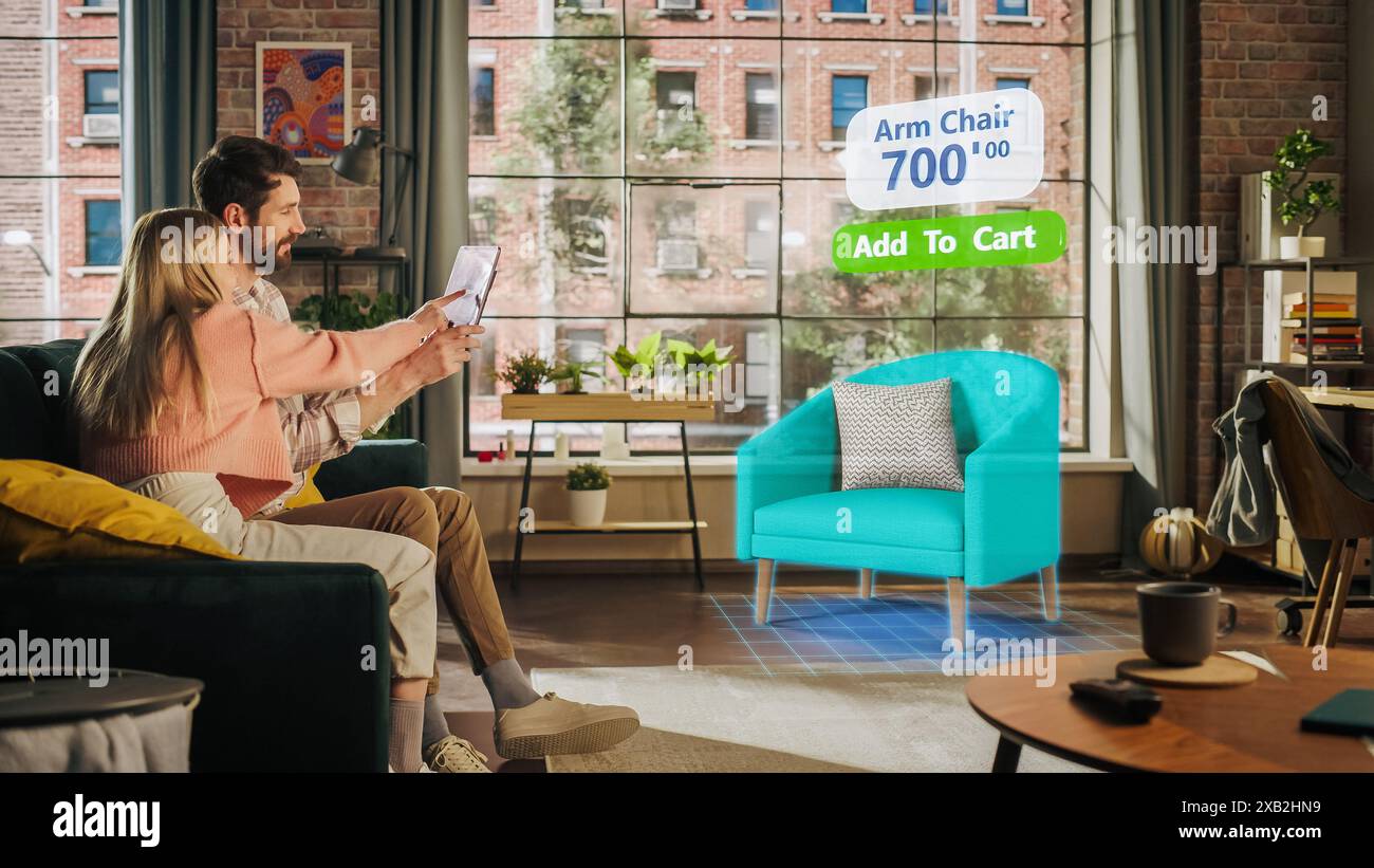 Decorating Apartment: Couple Holding Digital Tablet Computer, using ...