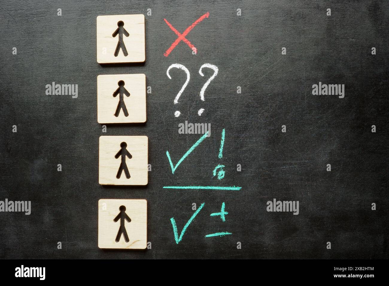 Figures representing employees or candidates with chalk marks for ...