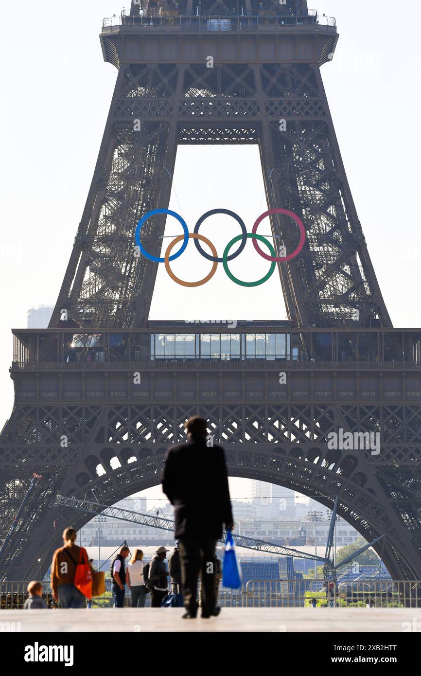 The logo of the Olympic games, the five Olympic Rings, is installed on ...