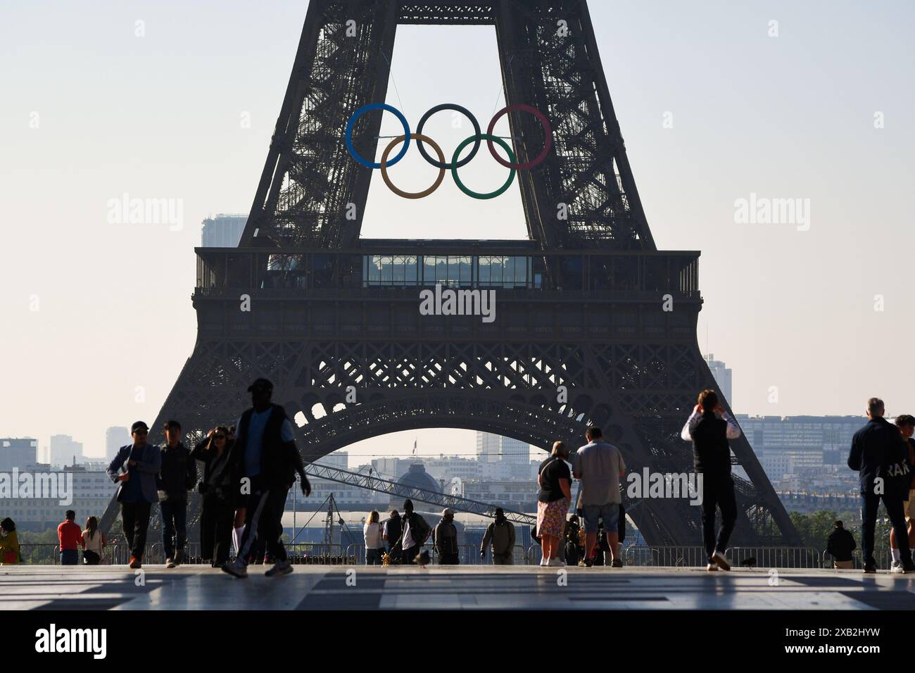 The logo of the Olympic games, the five Olympic Rings, is installed on ...
