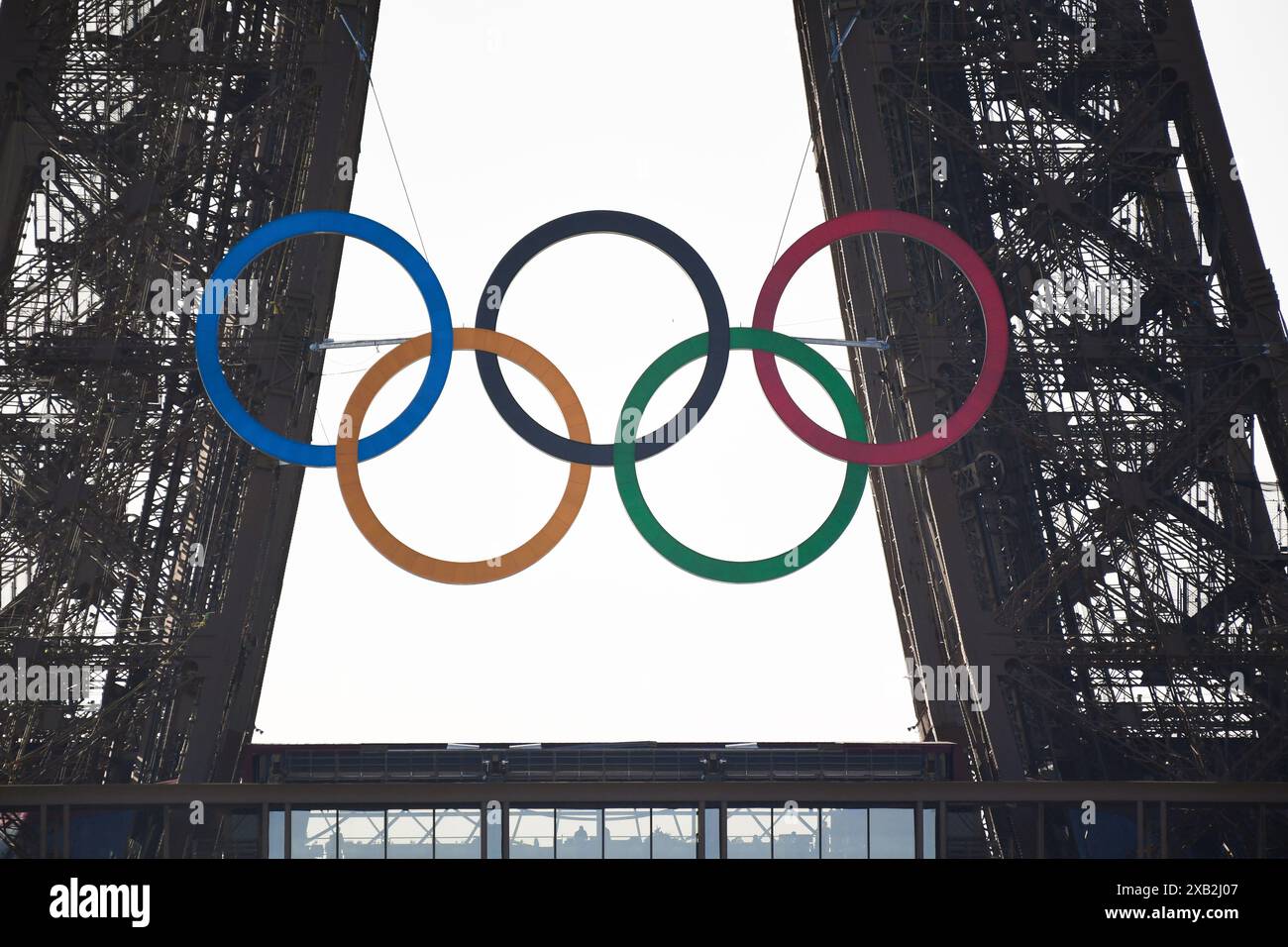 The logo of the Olympic games, the five Olympic Rings, is installed on ...